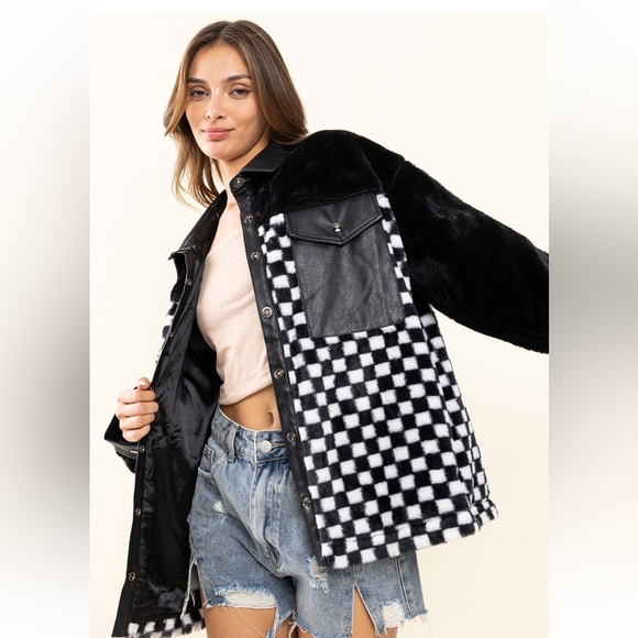 ShopEvelynne | Jackets & Coats | 4 Fabulous Checkerboard Faux Fur And Leather Jacket | Poshmark